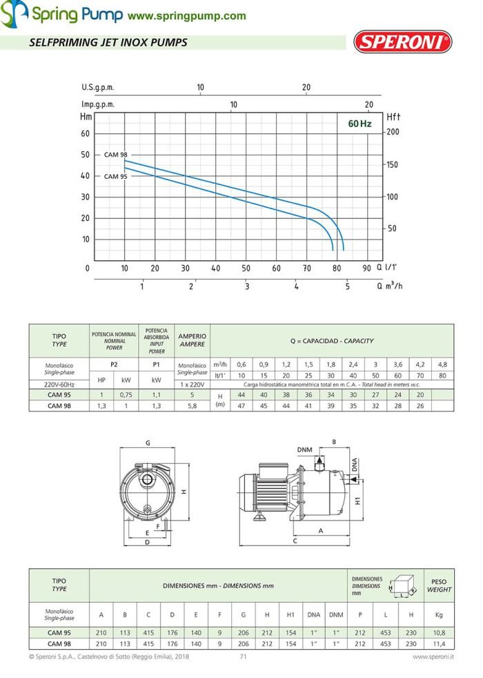 Speroni CAM95 Shallow Well Jet Pump – 1HP – 1260 GPH – SS/Silent-1PH ...